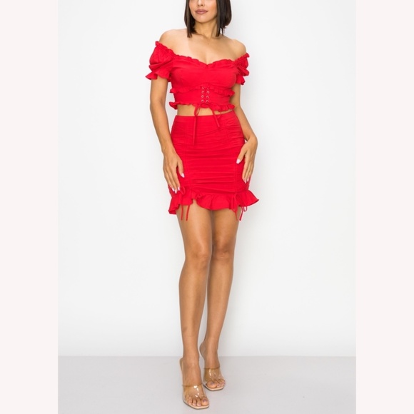 Goin Some Wear | Skirts | Caliente Red Fashion Ruching Puff Sleeves Top ...